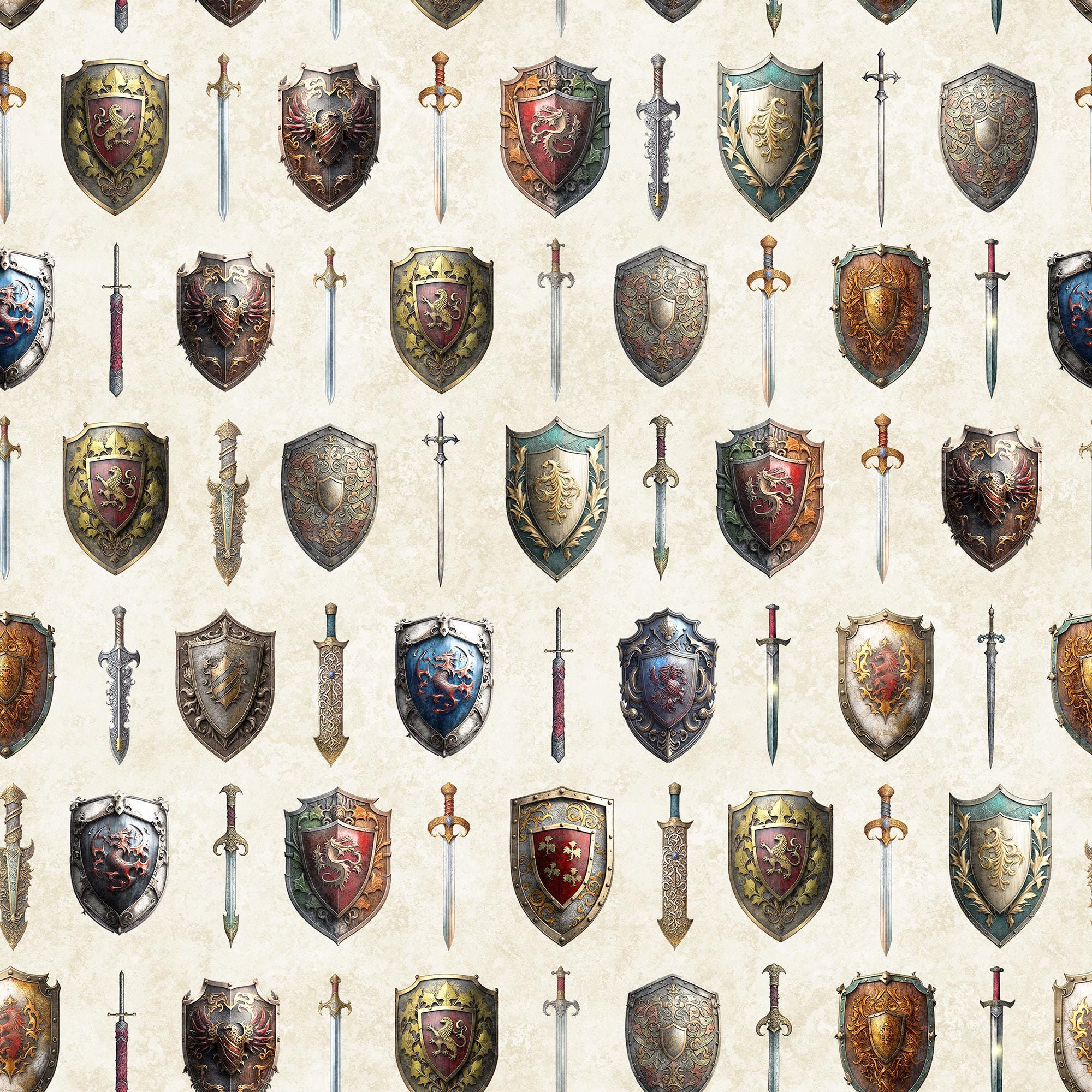 SALE Wizards and Warriors Swords and Shields 30241 Cream E - - QT Fabr ...